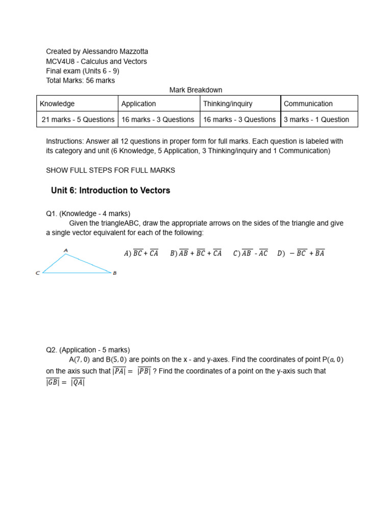 MCV4U8 Calculus Vectors Final Exam Guide | PDF | Line (Geometry ...