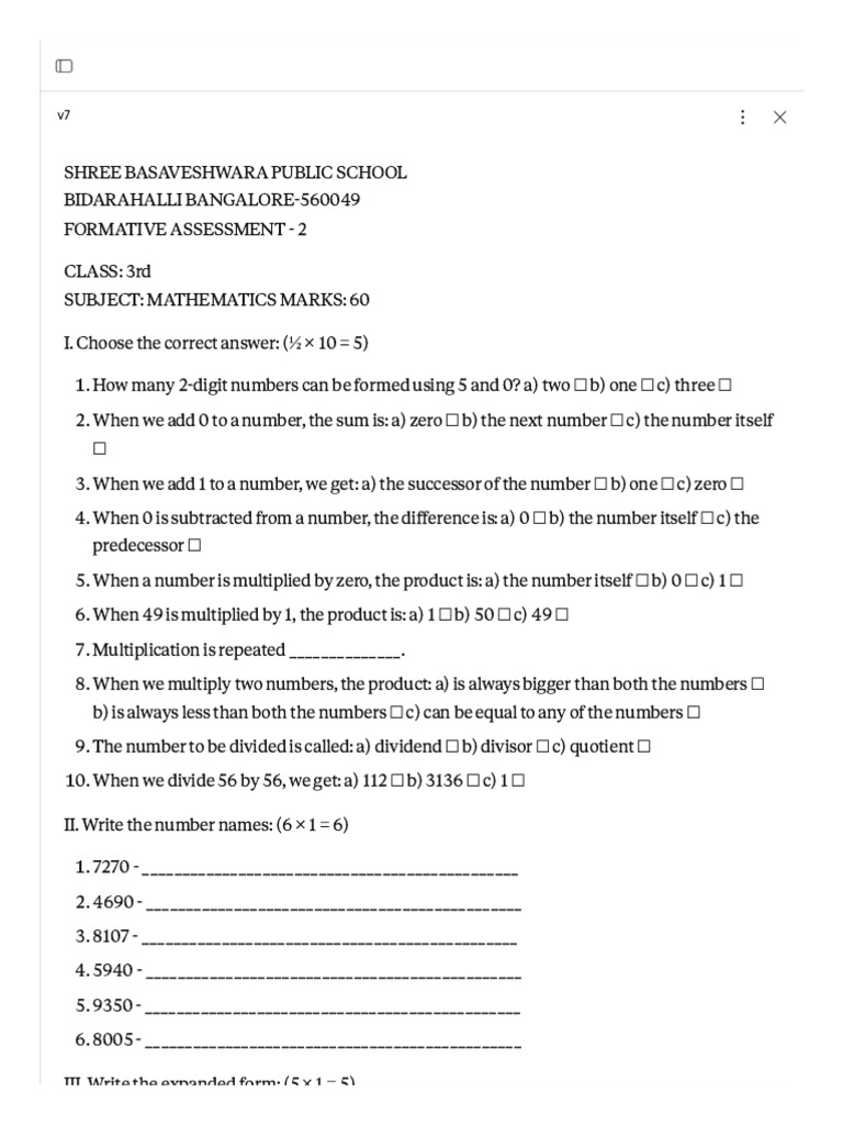 Class III Math Question Paper v7 | PDF | Division (Mathematics ...