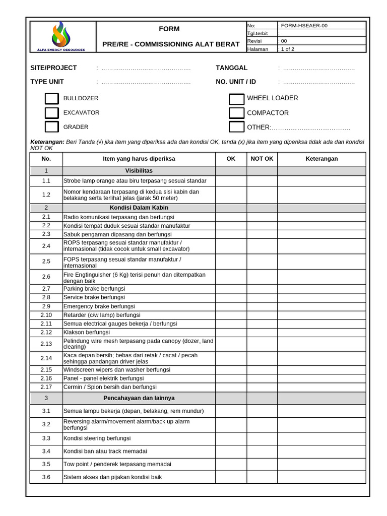 Checklist Komisi Alat Berat 2022 | PDF