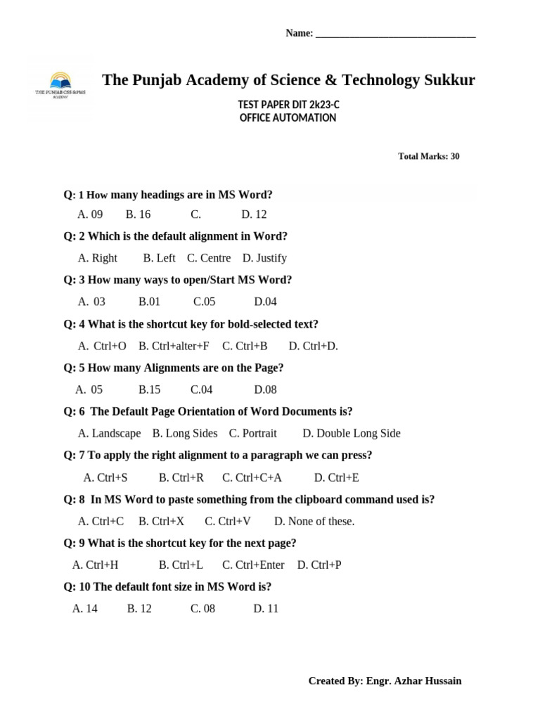 The Punjab Academy of Science & Technology Sukkur: Test Paper Dit 2K23 ...