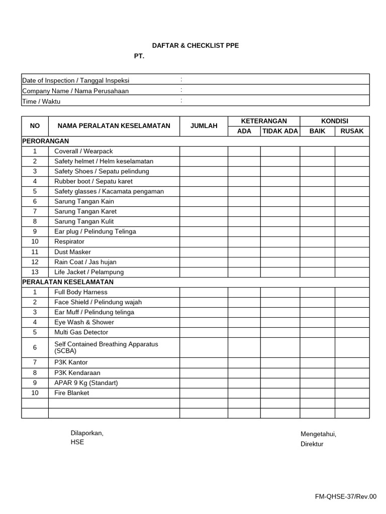 Checklist PPE untuk Inspeksi Keselamatan | PDF