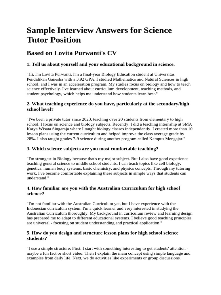 Science Tutor Interview Answers Guide | PDF | Curriculum | Science