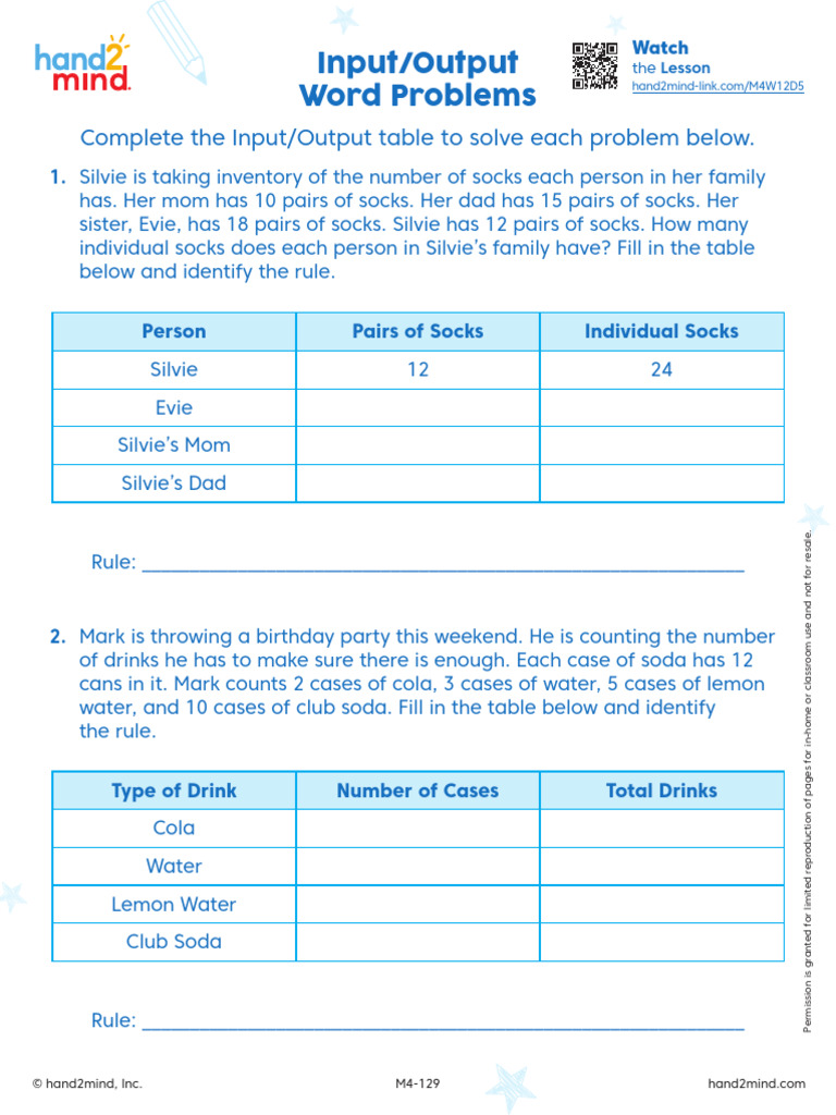 Input/Output Word Problems Worksheet | PDF