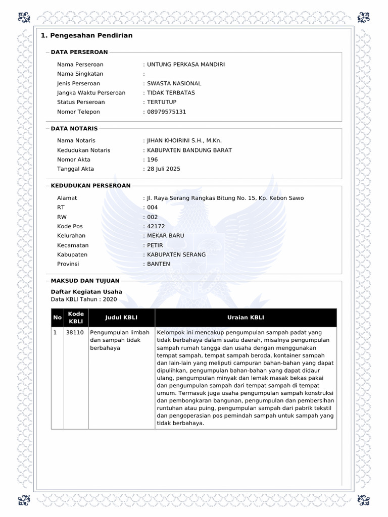 Pendirian Perseroan UNTUNG PERKASA MANDIRI | PDF