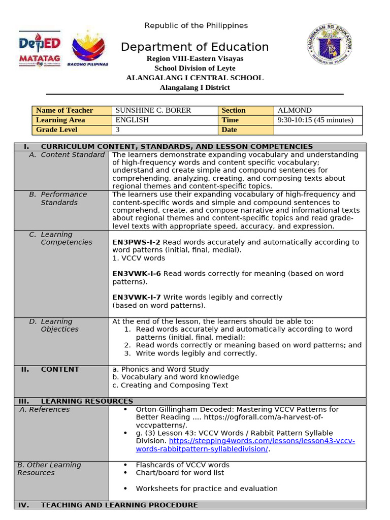 Grade 3 English VCCV Word Lesson Plan | PDF | Linguistics | Human ...