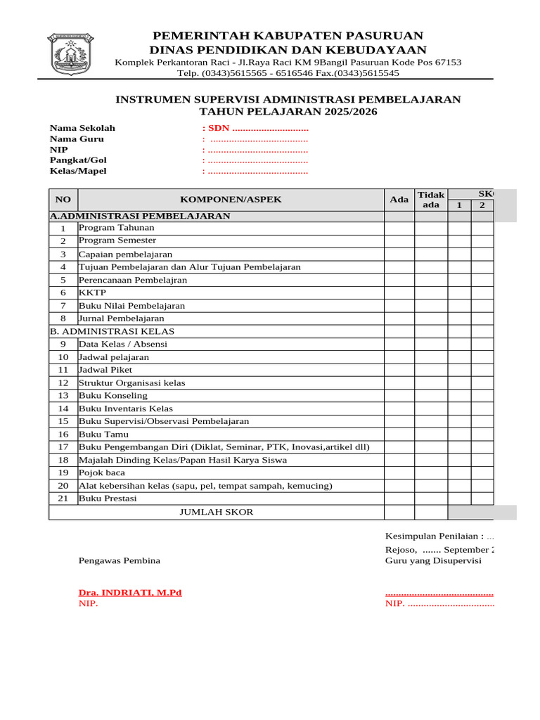 Instrumen Supervisi Guru Dan Ks 2025-2026 | PDF