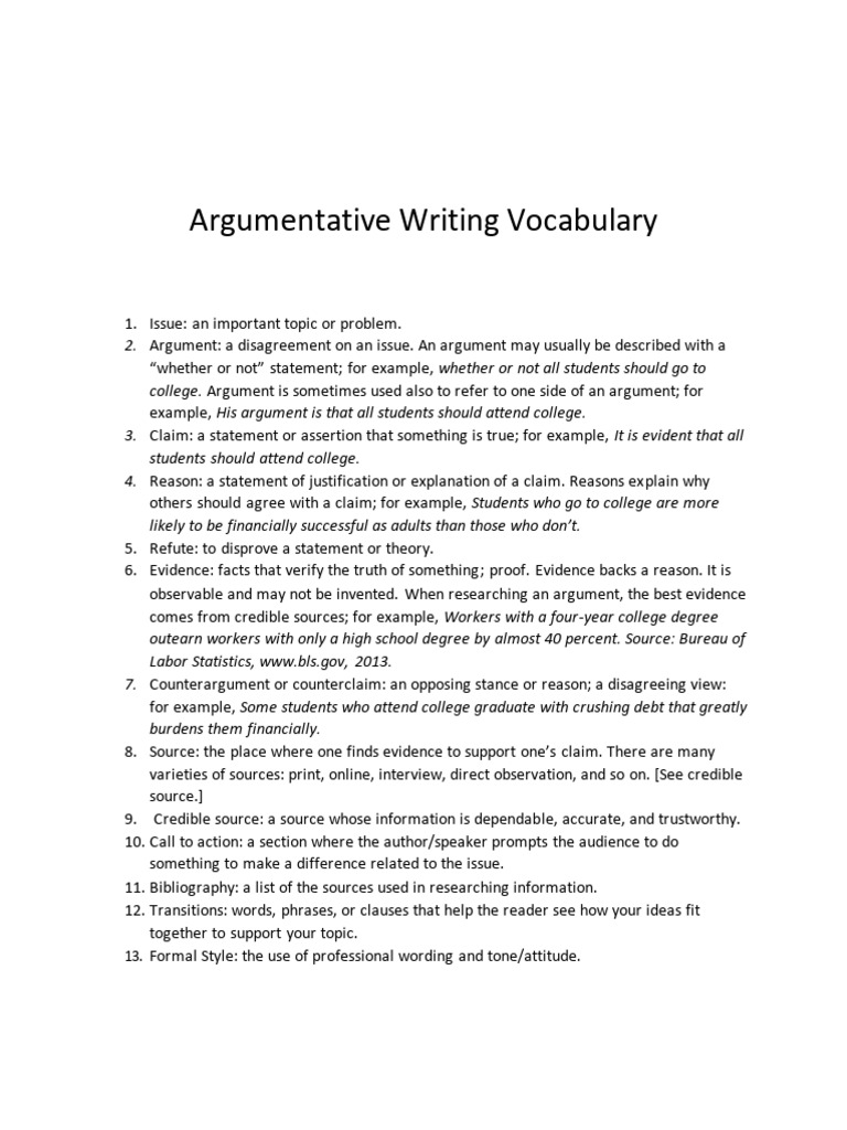 Argumentative Writing Vocabulary Guide | PDF