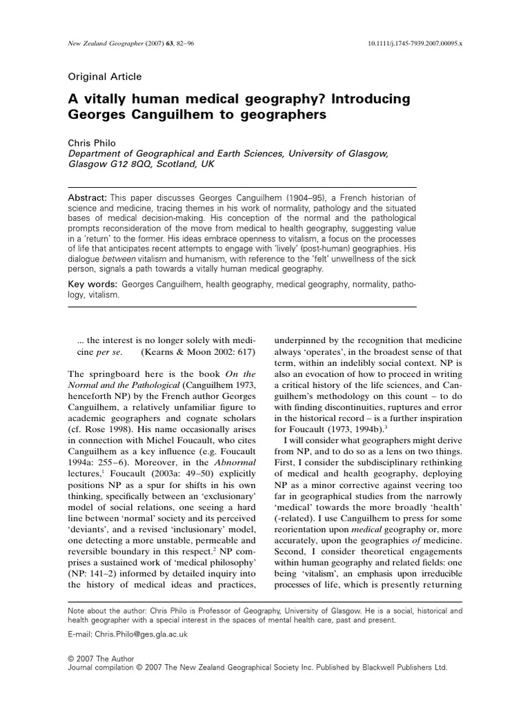 A Vitally Human Medical Geography Introducing Georges Canguilhem To ...