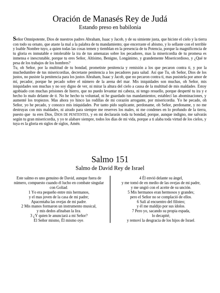 Oración de Manasés y Salmo 151 | PDF | David | Pecado