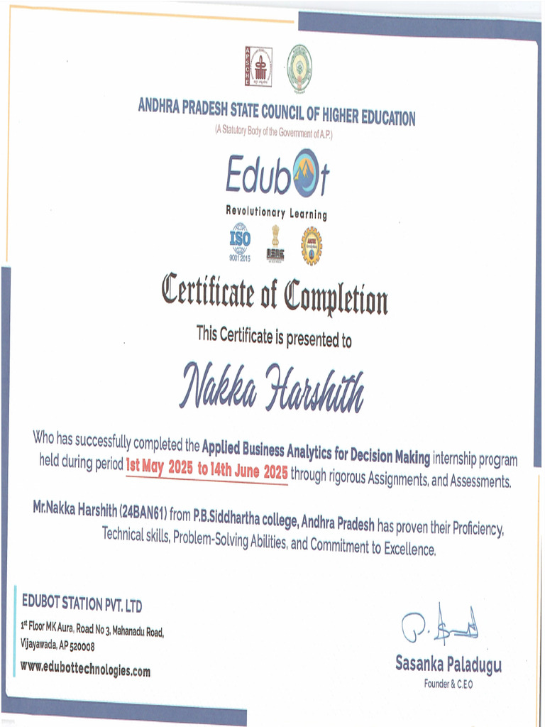 P B Siddhartha Certificate - N Harshith | PDF