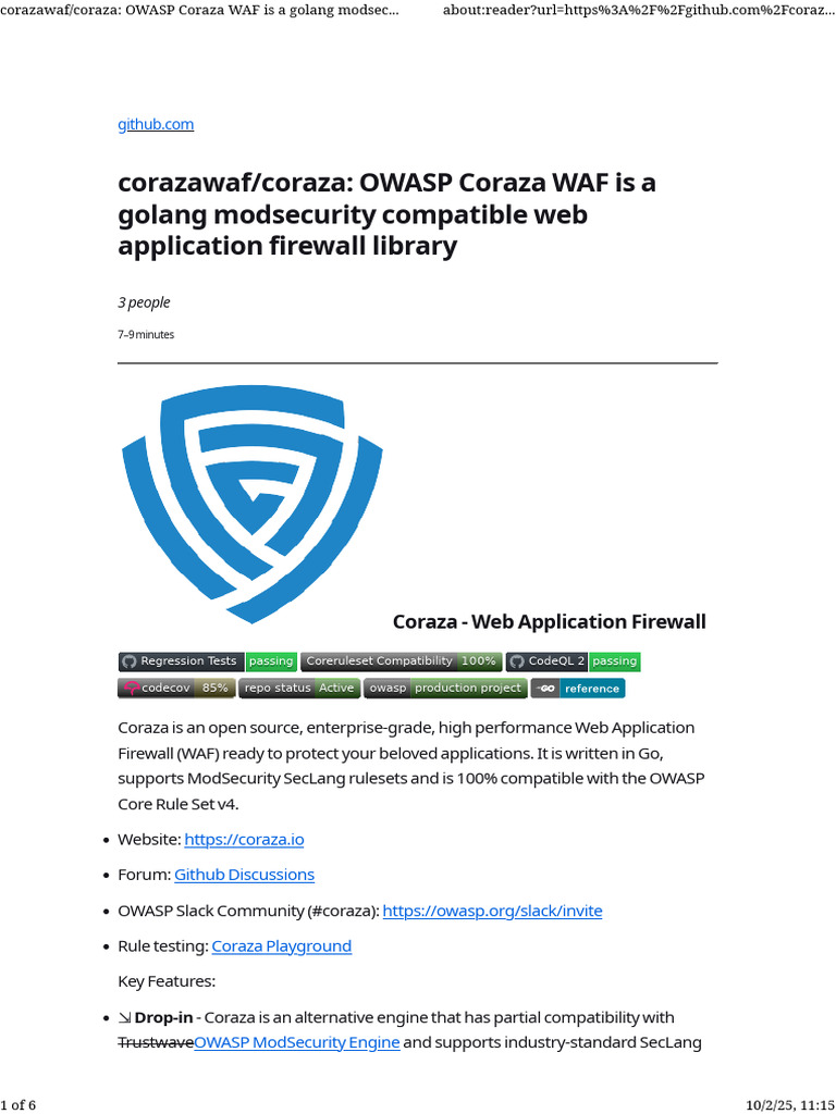 Corazawaf - Coraza - OWASP Coraza WAF Is A Golang Modsecurity Compatible Web Application ...