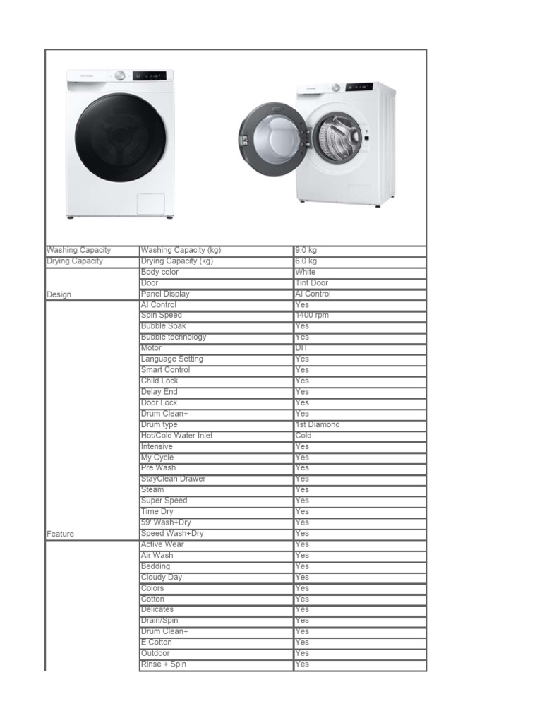 Washing Machine Product Specifications (WD90T604) | PDF | Washing Machine