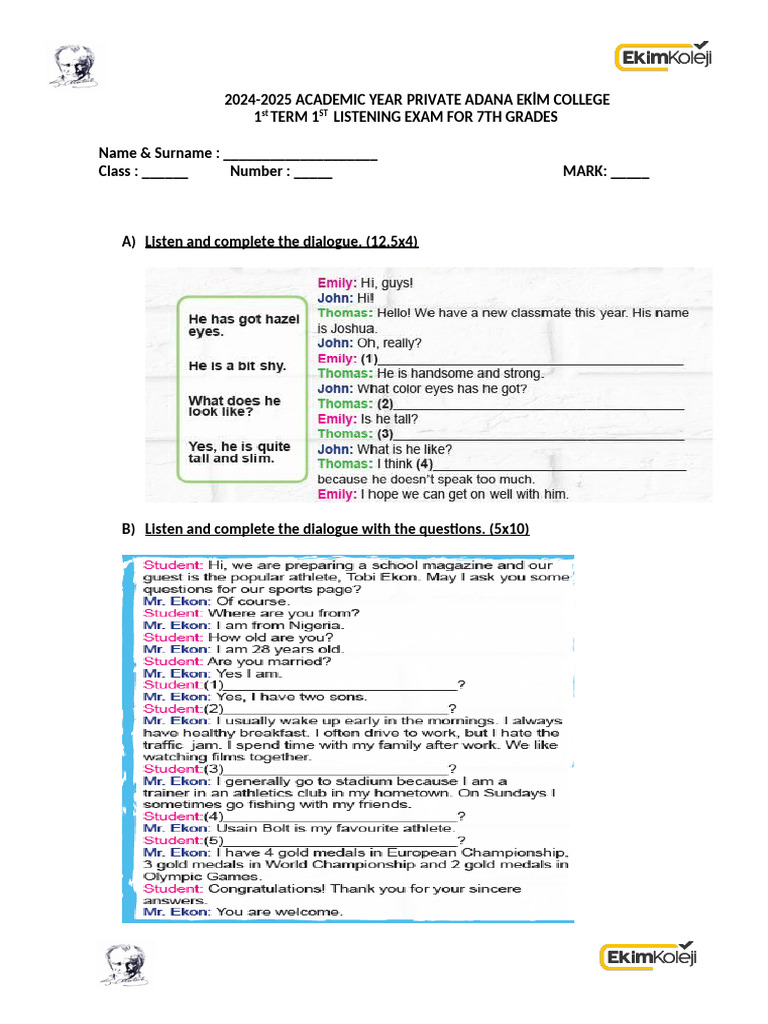 7th Grade Listening & Speaking Exam 2024 | PDF