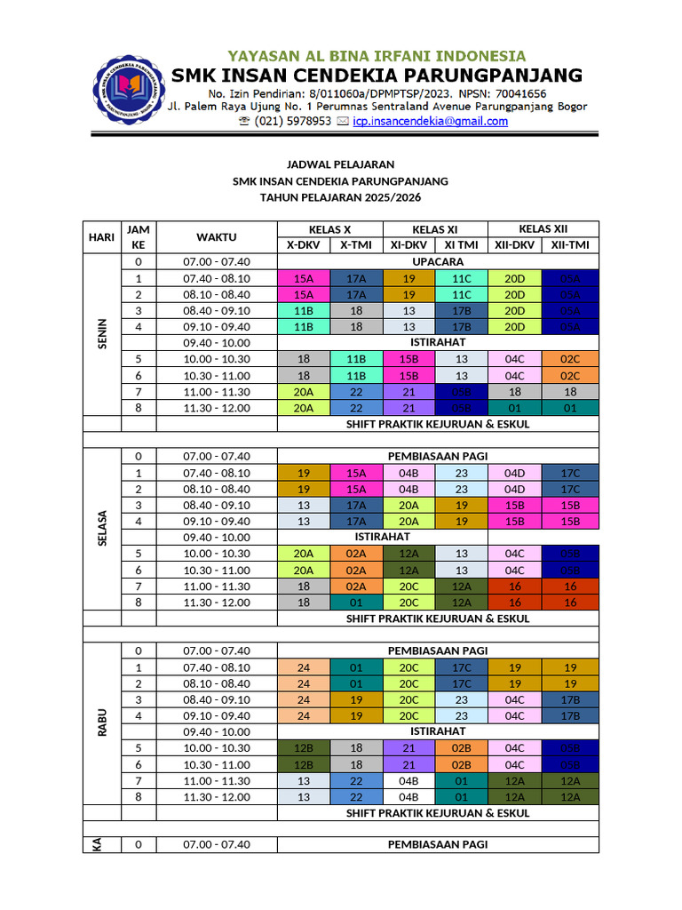 Jadwal Pelajaran Smk Icp Tp 2025 2026 | PDF