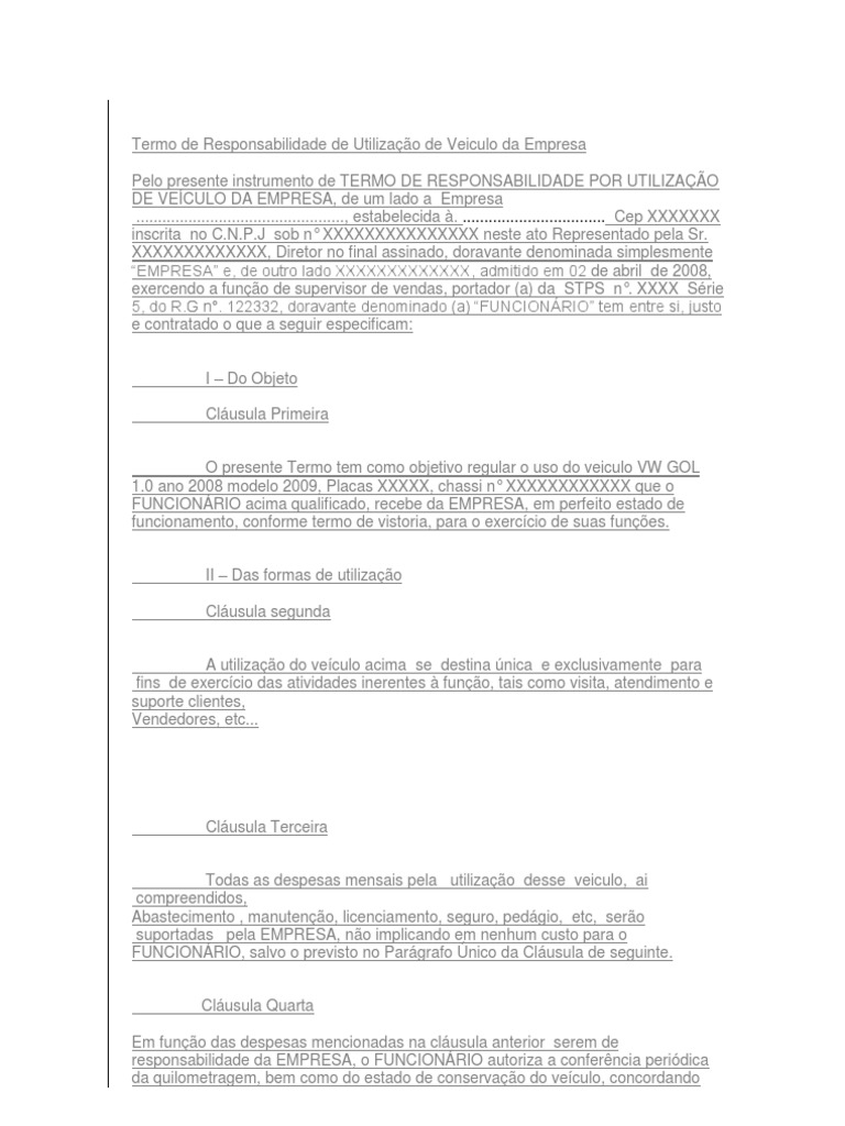 Termo De Responsabilidade De Utilização De Veiculo Da Empresa Tráfego