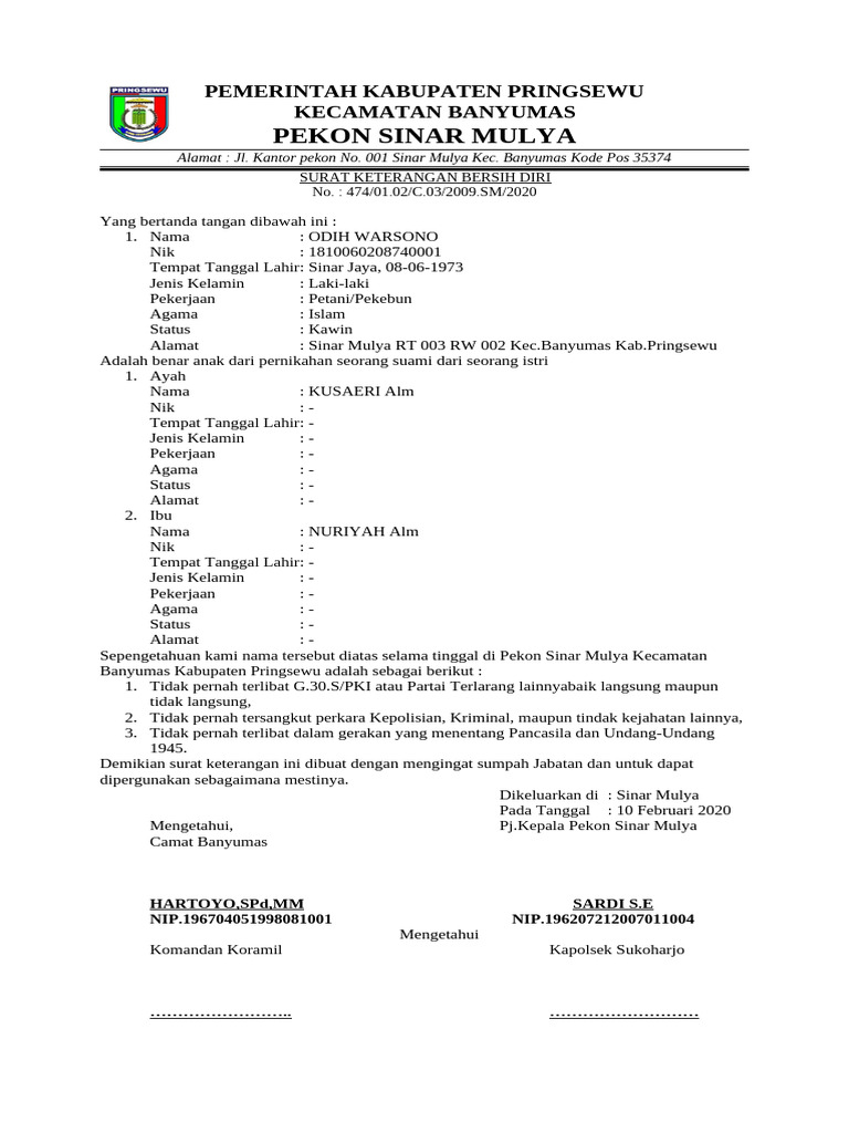 Surat Keterangan Bersih Diri Pringsewu | PDF