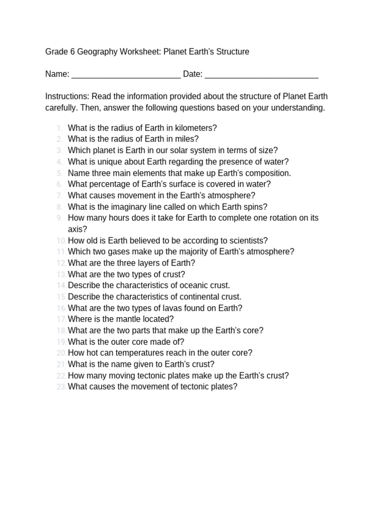 Grade 6 Earth Structure Worksheet | PDF