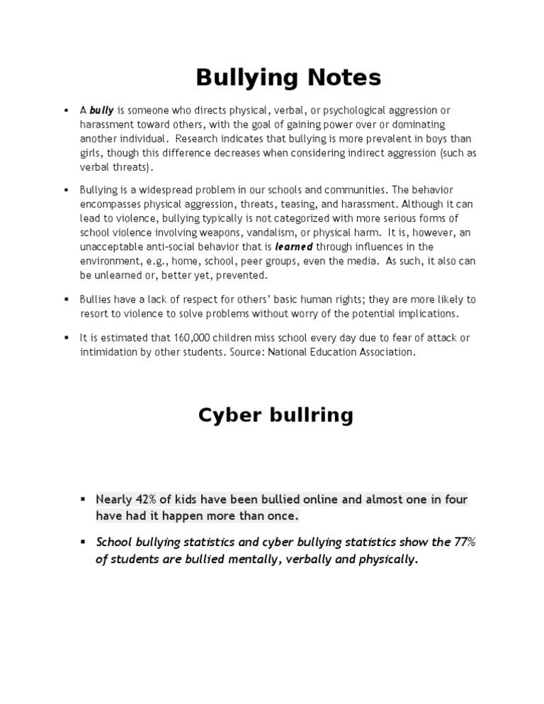 Bullying Notes | PDF | Social Science | Wellness