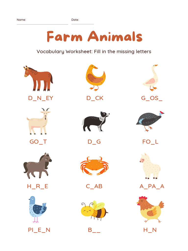 EDU Vocabulary Farm Animals Missing Letters Worksheet Set | PDF