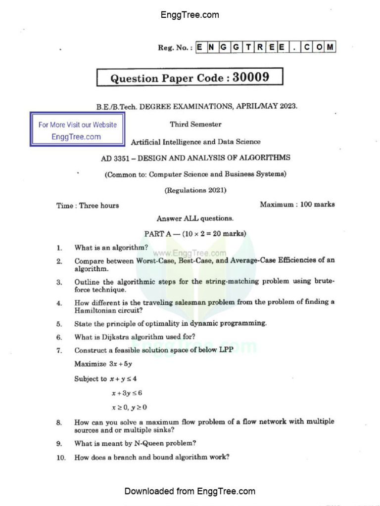 Ad3351 Design And Analysis Of Algorithms Apr May 2023 Question Paper Download Pdf