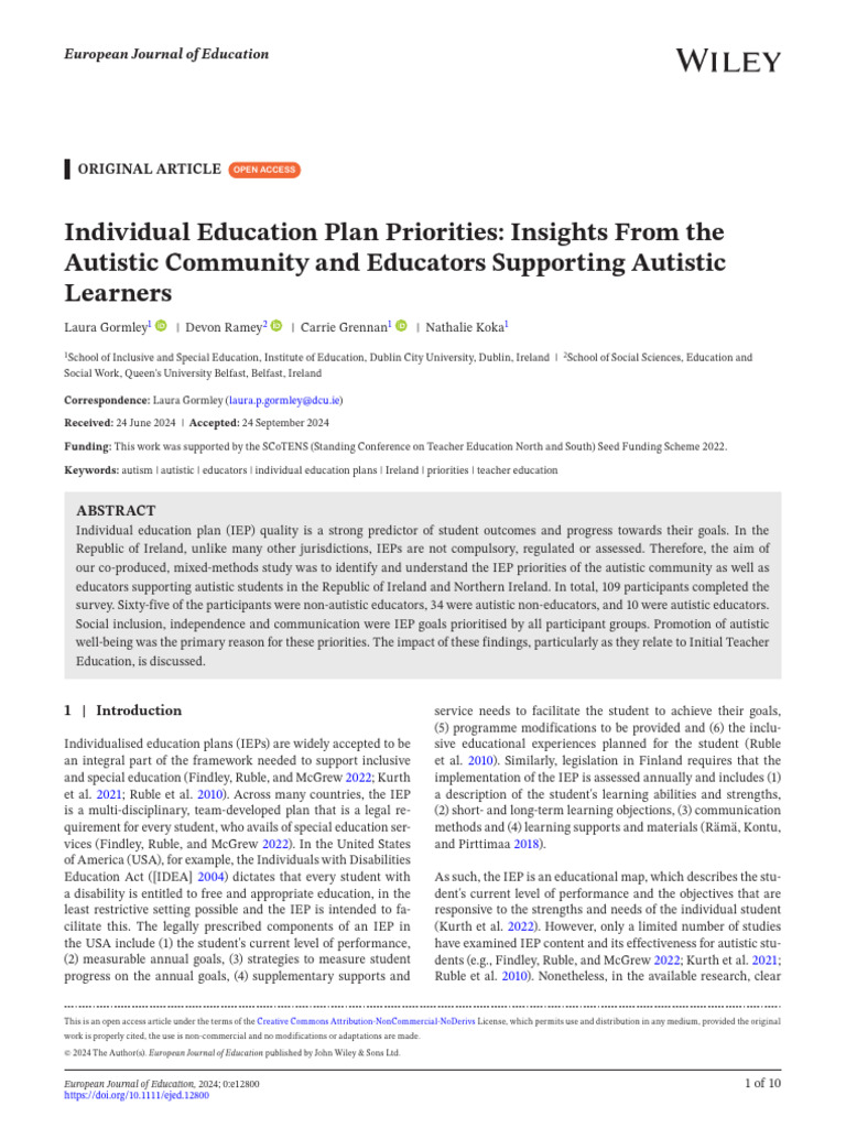 Individual Education Plan Priorities: Insights From The Autistic ...