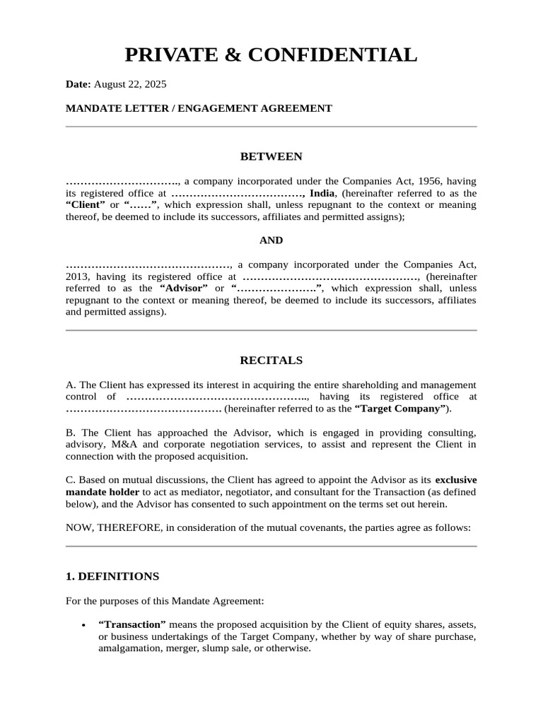 Exclusive Mandate Letter Template | PDF | Indemnity | Mergers And ...