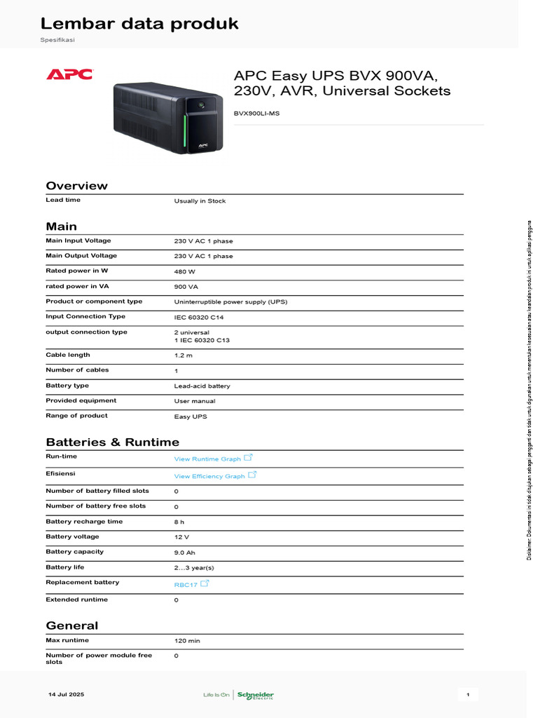 Schneider Electric - APC-Easy-UPS - BVX900LI-MS | PDF | Mains ...