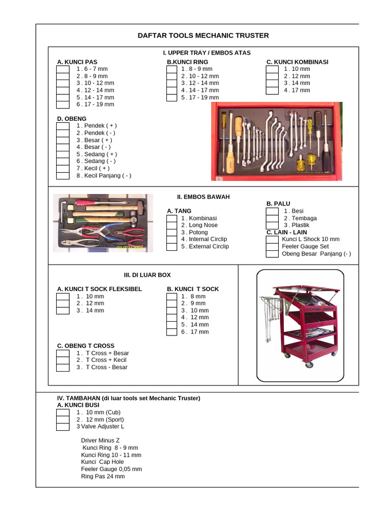 Check List Mechanic Truster Dan Nomor Tools | PDF