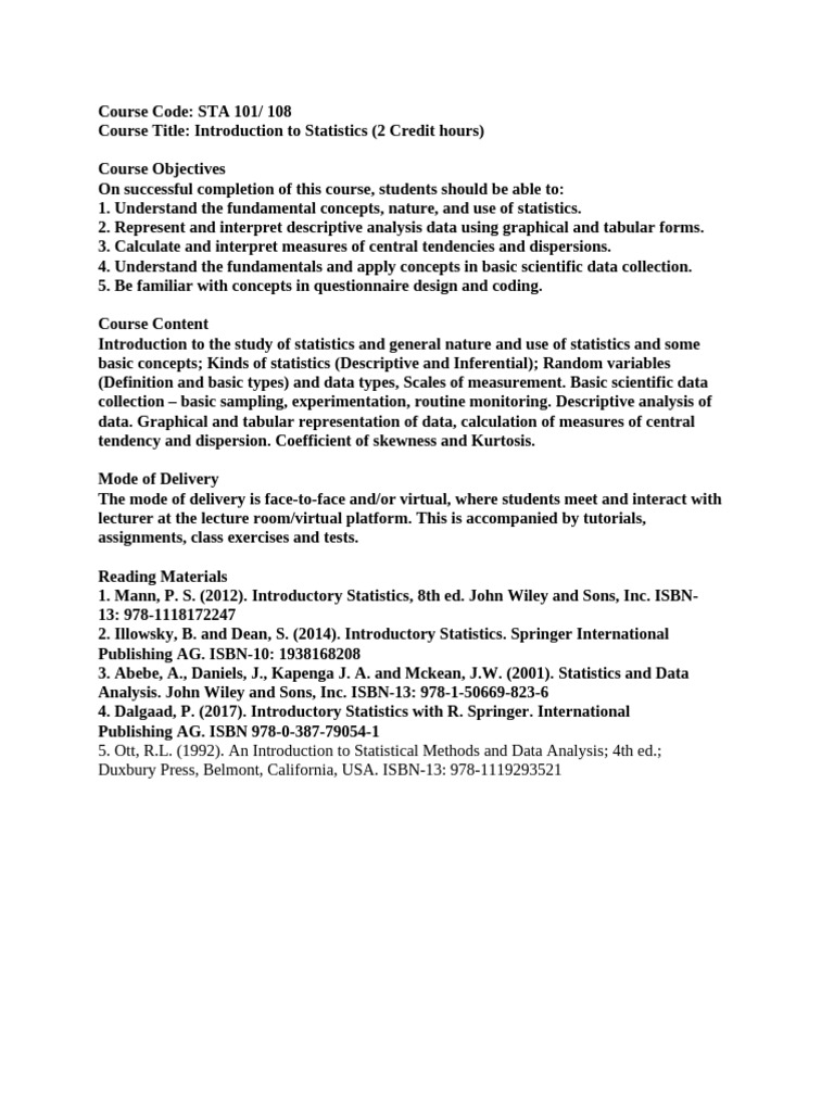 STA 101 Course Outline New | PDF