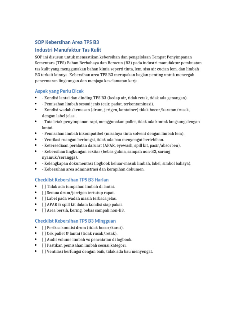SOP Kebersihan TPS B3 | PDF