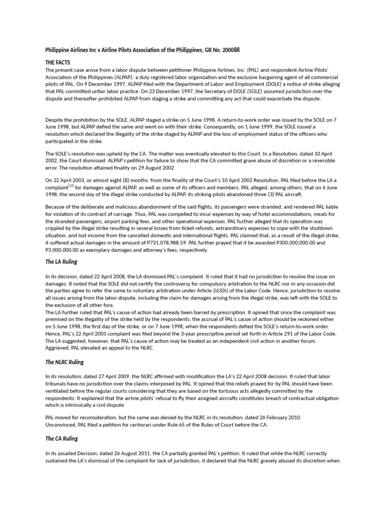 PAL vs. ALPAP: Labor Strike Damages Case | PDF | Strike Action ...
