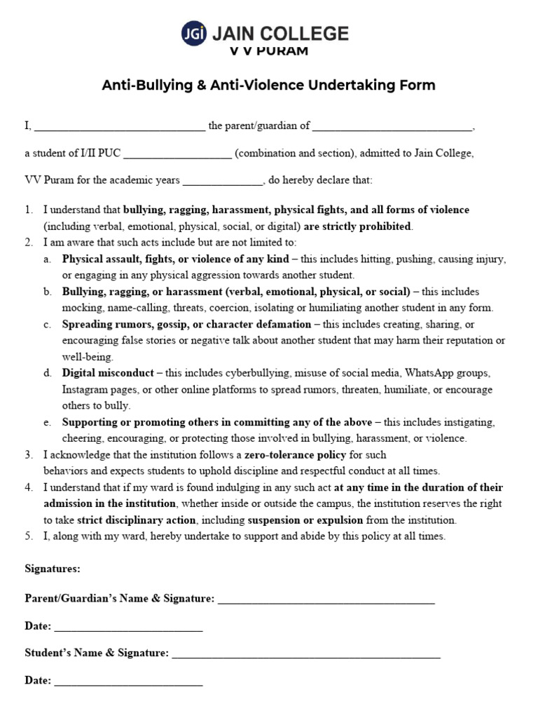 Anti-Bullying & Anti-Violence Undertaking Form | PDF