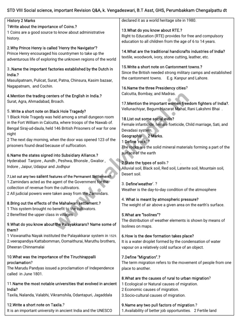 STD VIII Social Science Revision Q&A | PDF