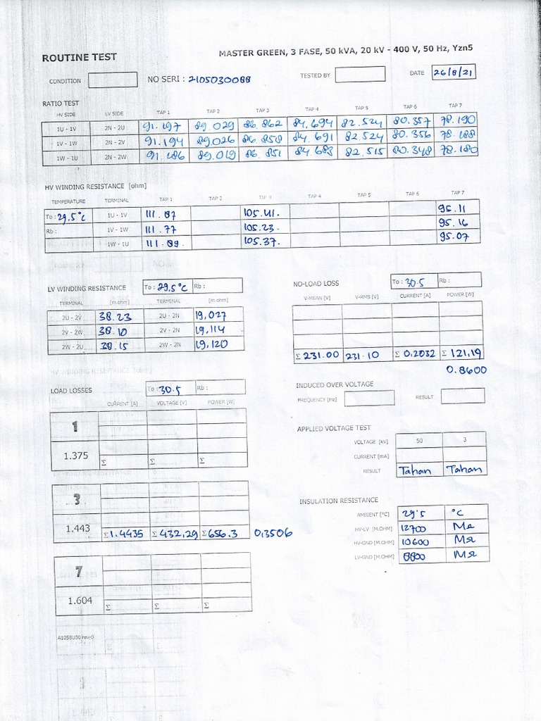 Sample Routine Test 50kVA | PDF