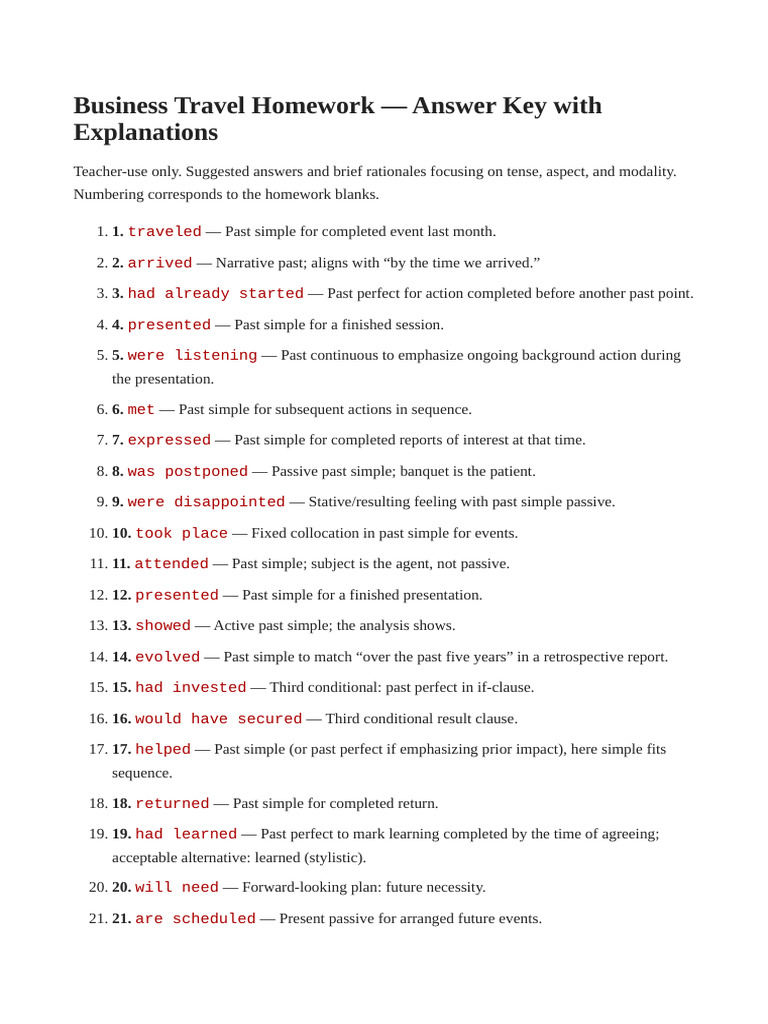 Business Travel Gap Fill Answer Key | PDF