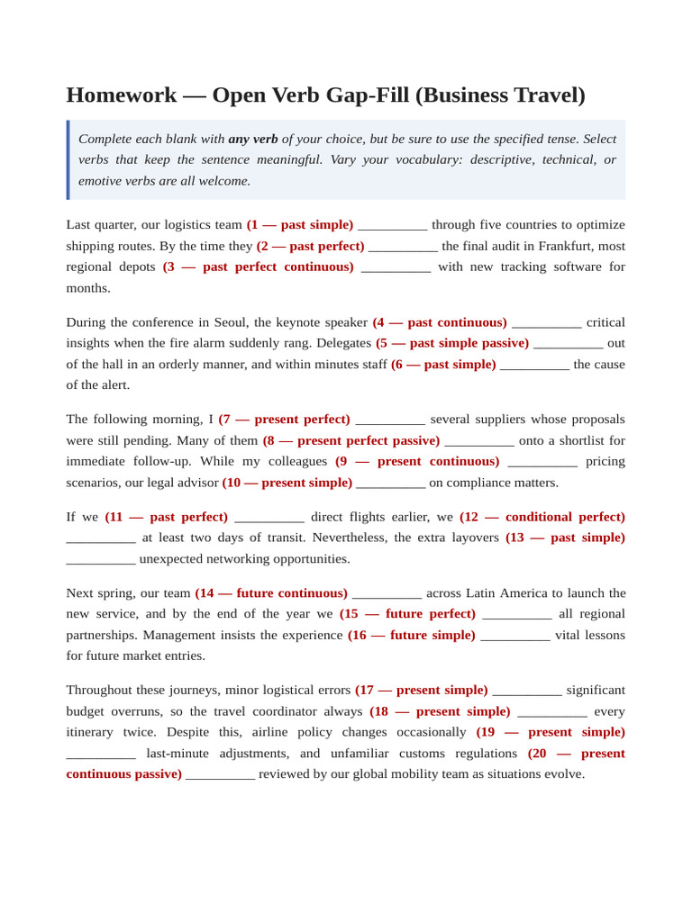 Open Verb Gap Fill Business Travel Homework | PDF