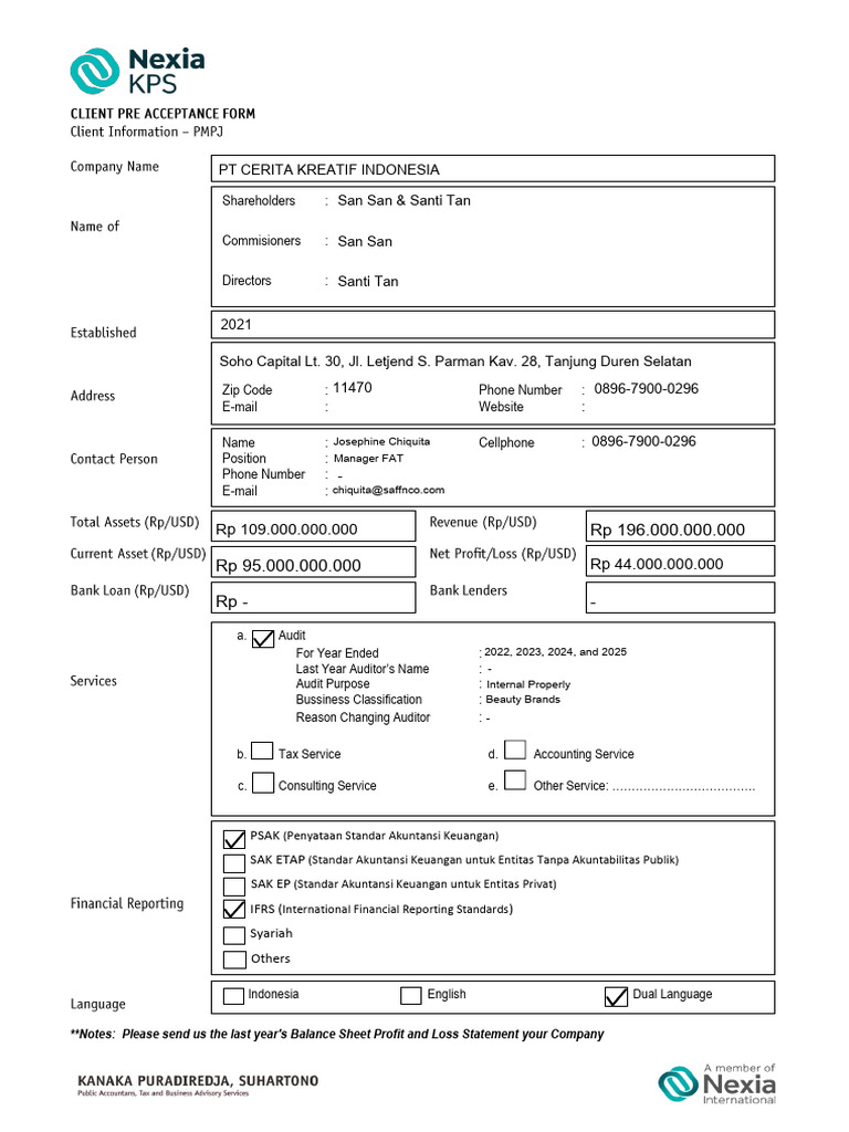 Client Acceptance Form (Isi) | PDF | Accounting | Financial Accounting