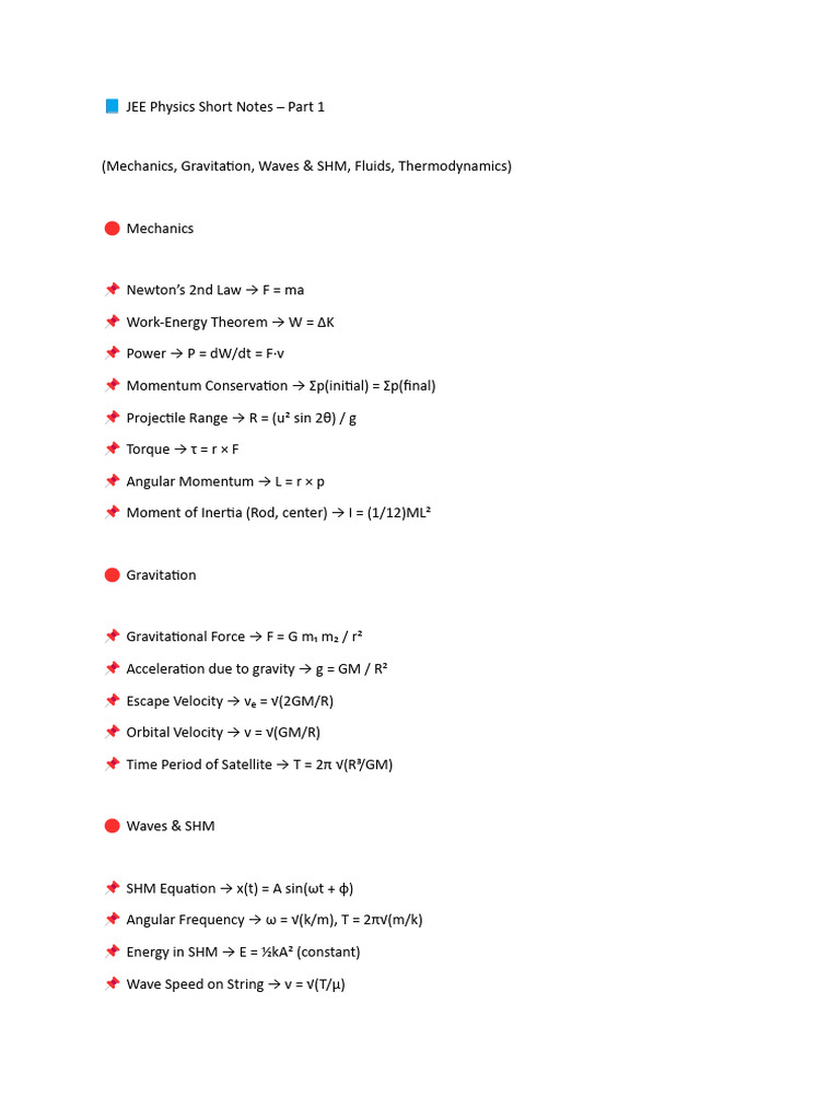 JEE Physics Notes: Mechanics to Thermodynamics | PDF