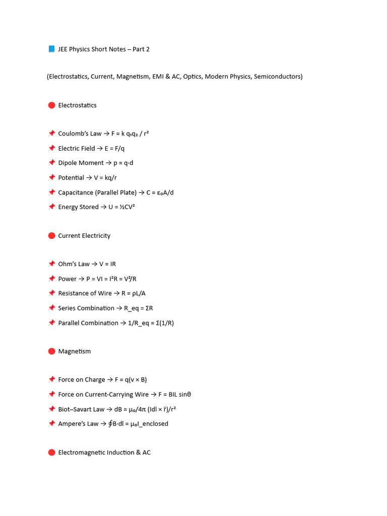 ? JEE Physics Short Notes 2 | PDF