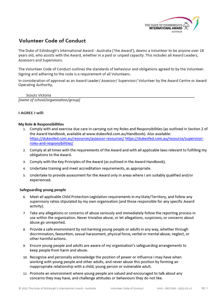 Template - Volunteer Code of Conduct (Jan 2022) | PDF | Occupational ...