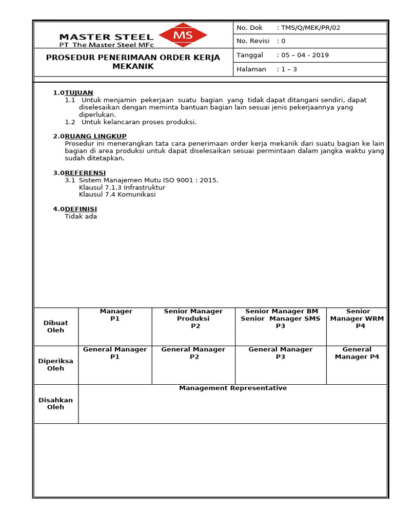 PR 02 - Prosedur Penerimaaan Order Kerja Mekanik 1 1 | PDF