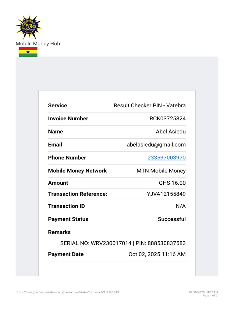 WAEC Result Checker Payment Receipt | PDF