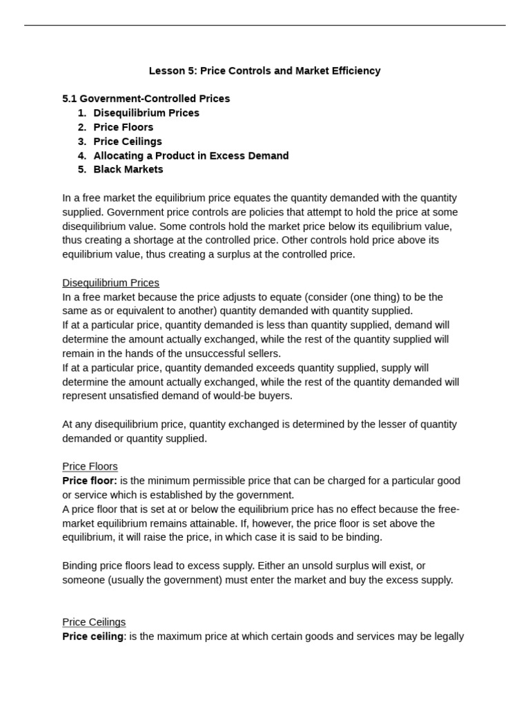 Lesson 5 Price Controls and Market Efficiency | PDF | Economic ...