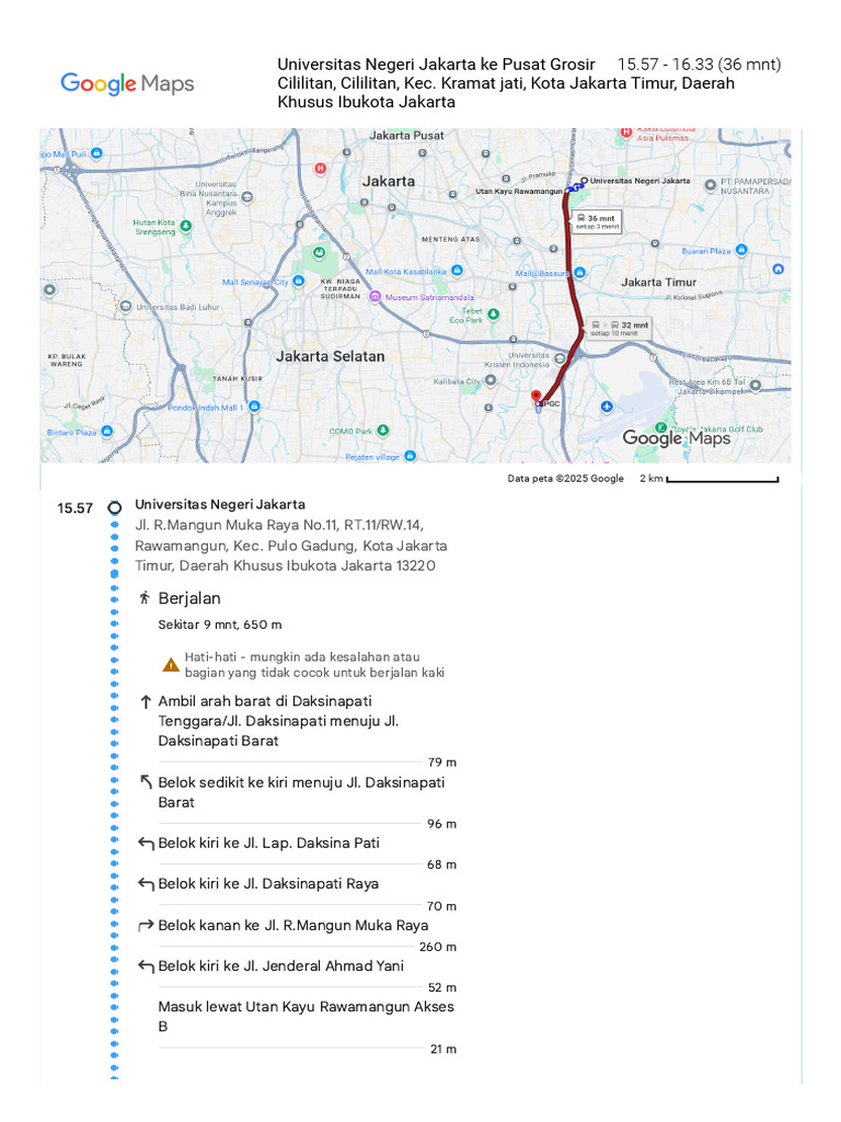 Universitas Negeri Jakarta Ke Pusat Grosir Cililitan - Google Maps | PDF