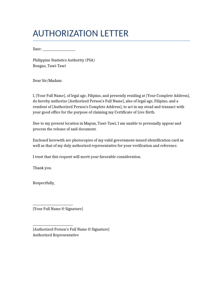 Authorization Letter PSA | PDF