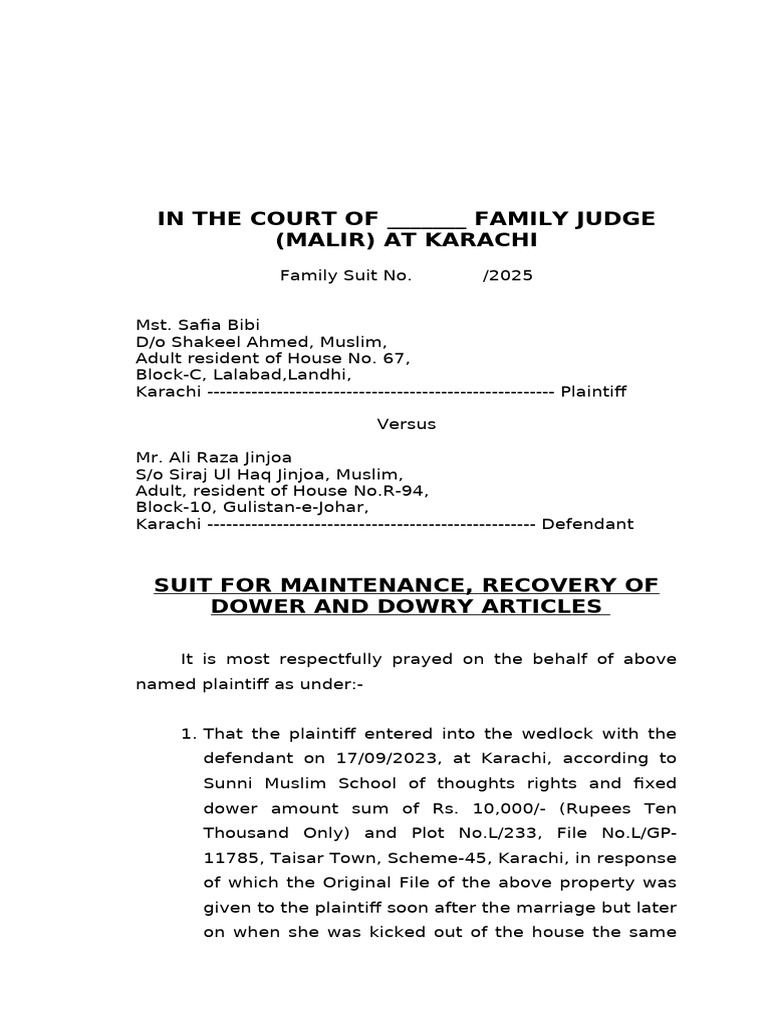 Suit For Khula, Recovery of Dowry Articles Safia Bibi Shakeel LBD | PDF ...