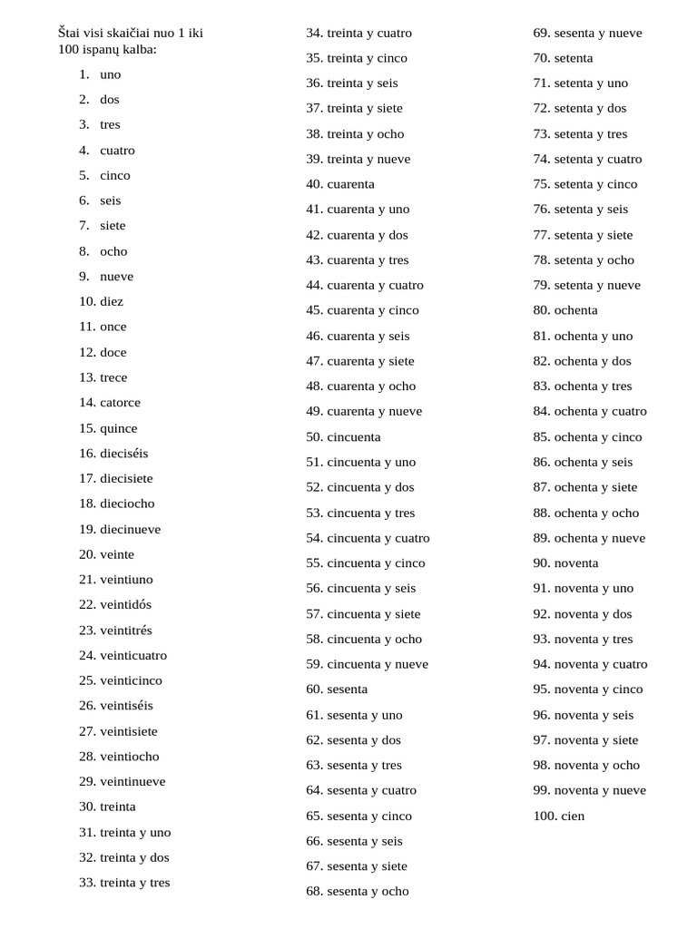 Números del 1 al 100 en español | PDF