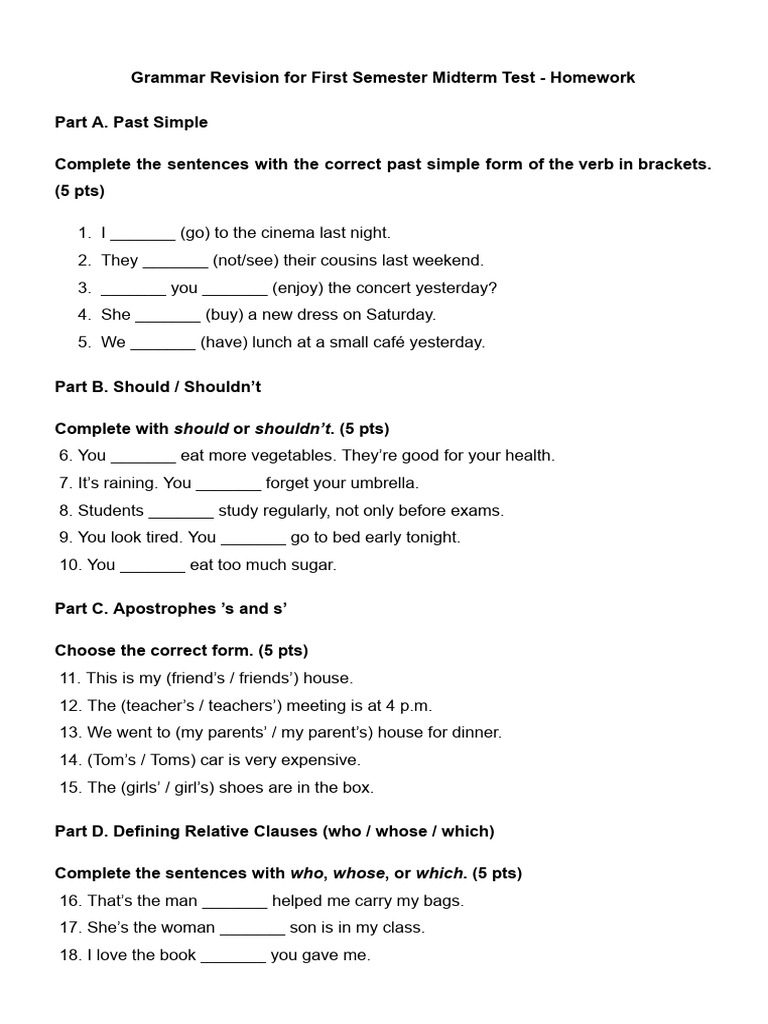 Grammar Revision For First Semester Midterm Test - Homework | PDF ...