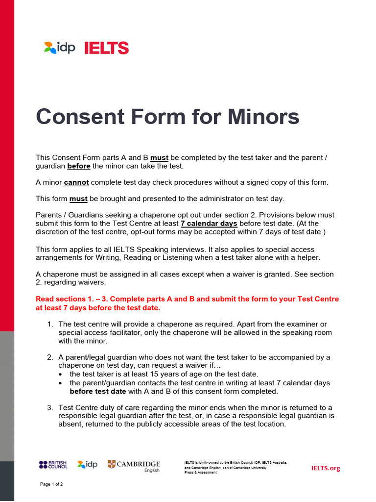 IELTS Minor Consent Form Guide | PDF | International English Language ...