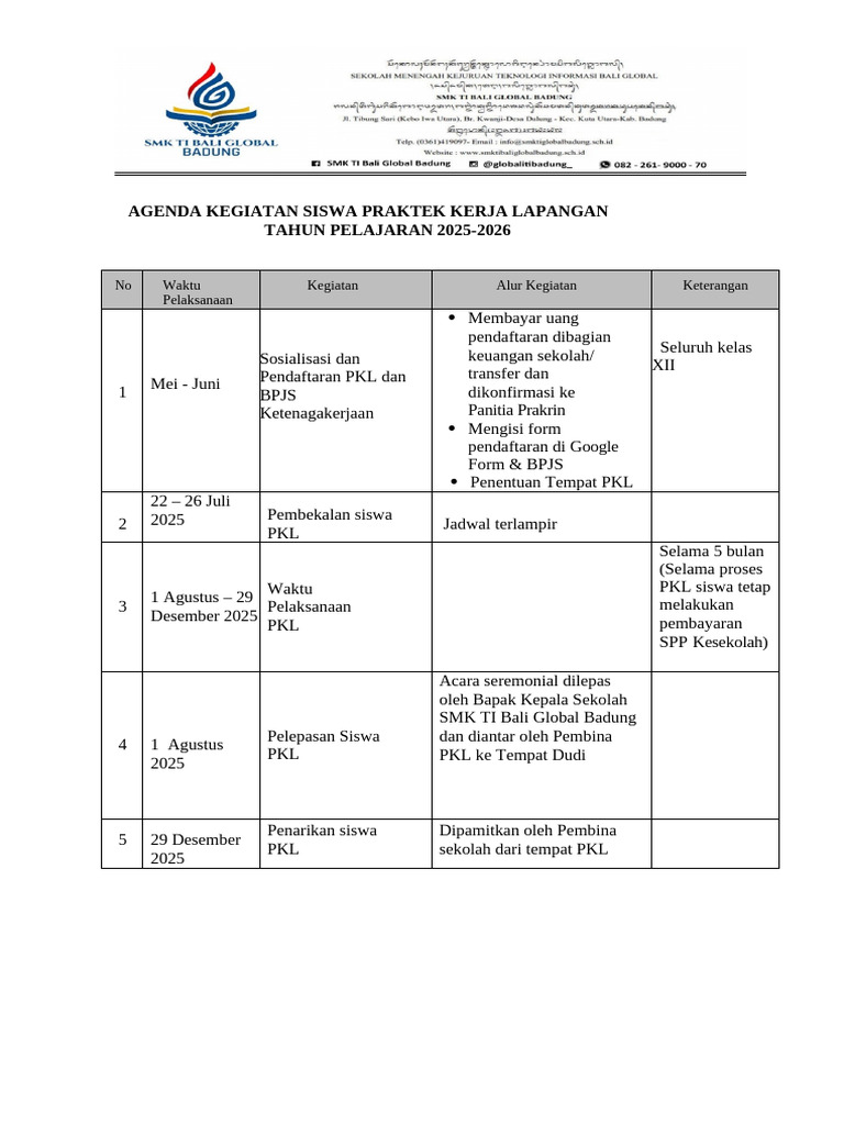 Agenda Kegiatan Siswa PKL 2025 | PDF